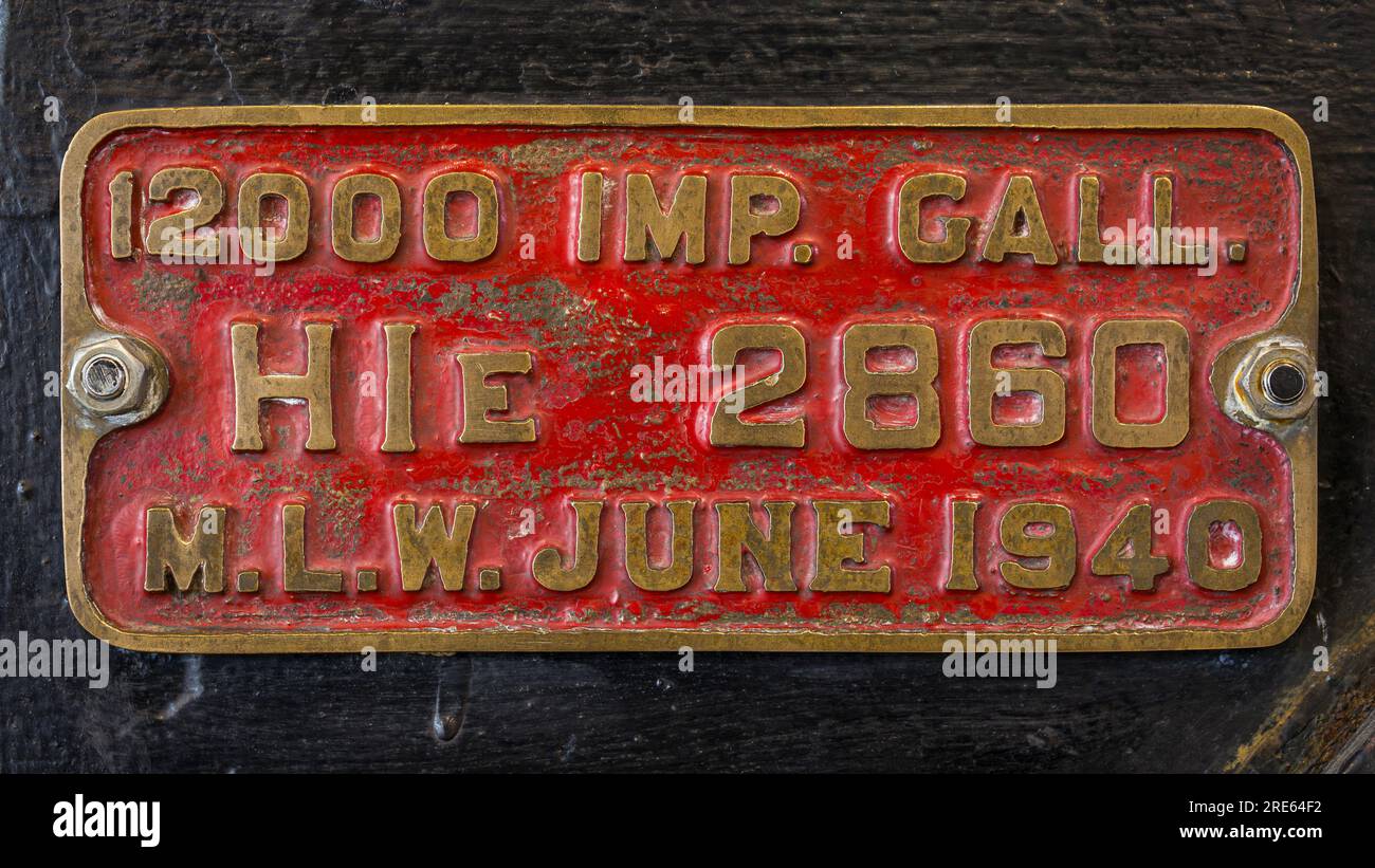 A builder's plate on the tender of a Royal Hudson steam engine at ...