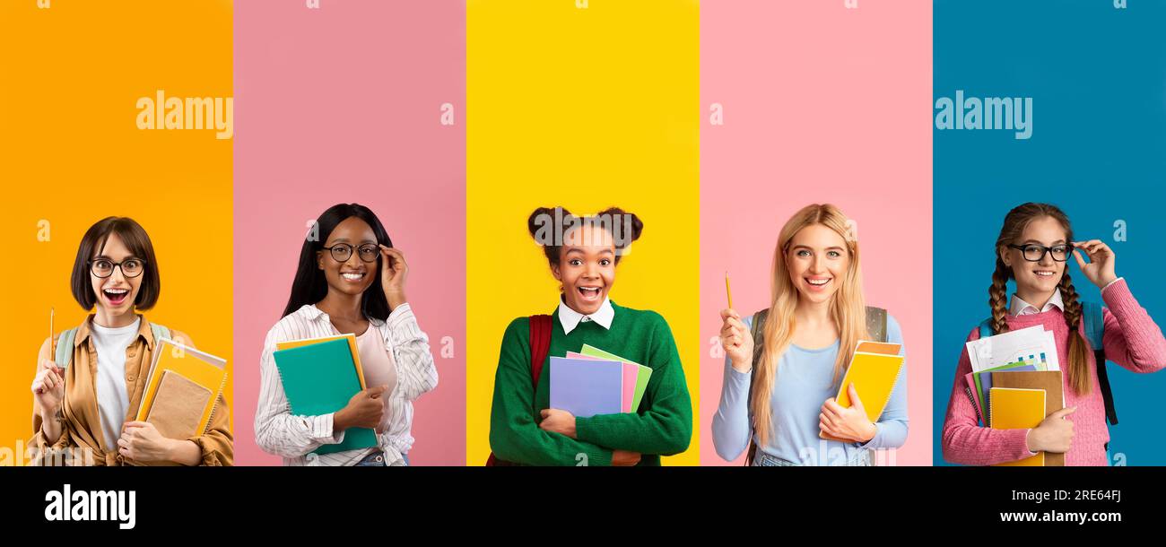 International group happy young women students posing on colorful ...