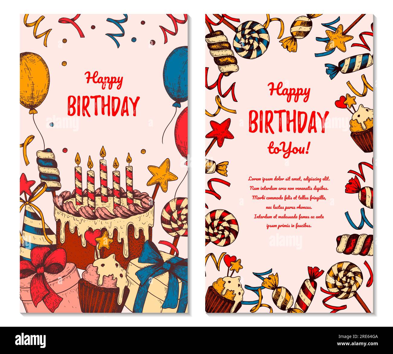Two sides Brthday vertical greeting card. Poster with hand drawn ...