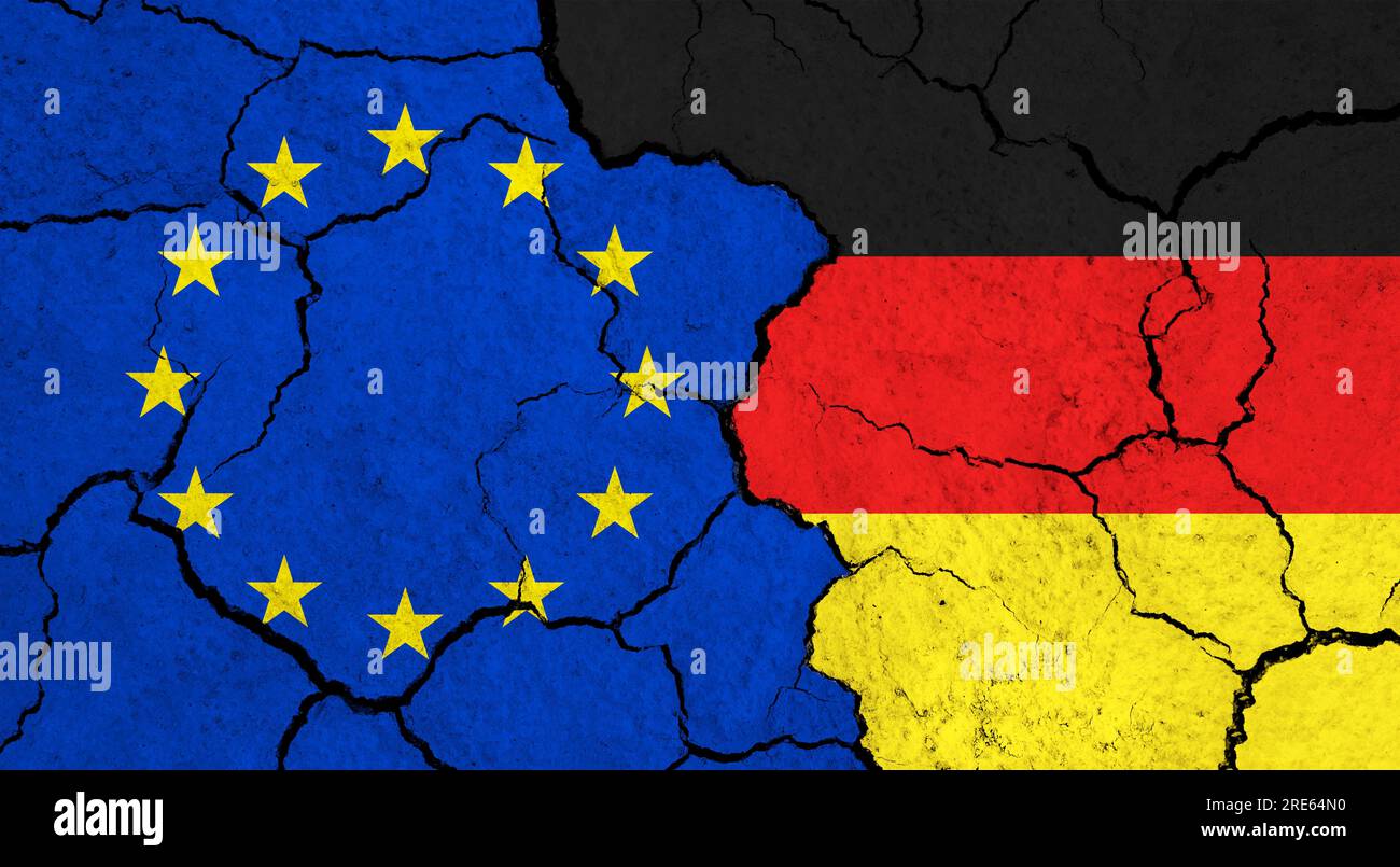Flags of European Union and Germany on cracked surface - politics ...