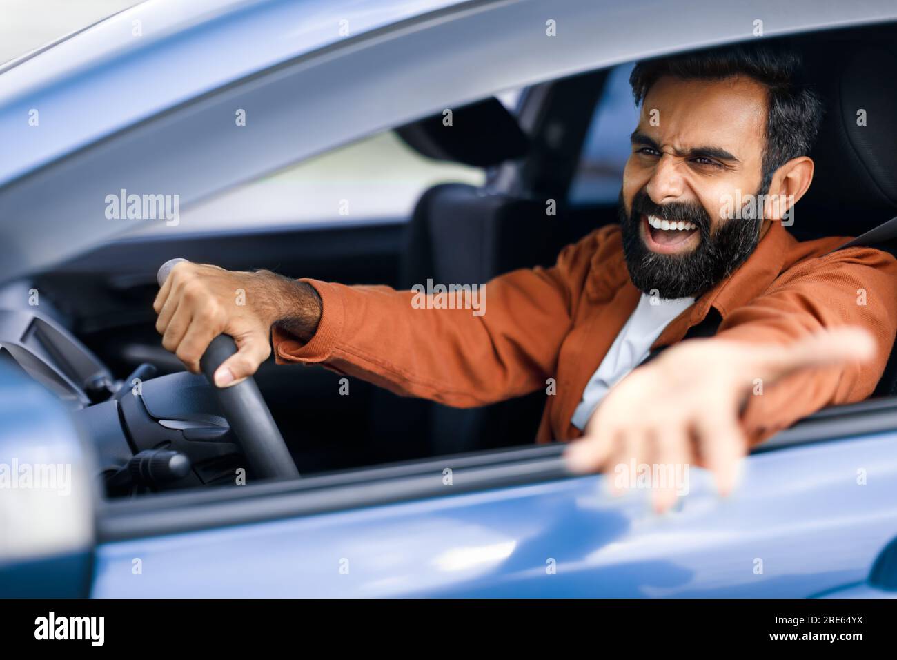 Angry Middle Eastern Driver Man Shouting Driving Car Having Conflict ...