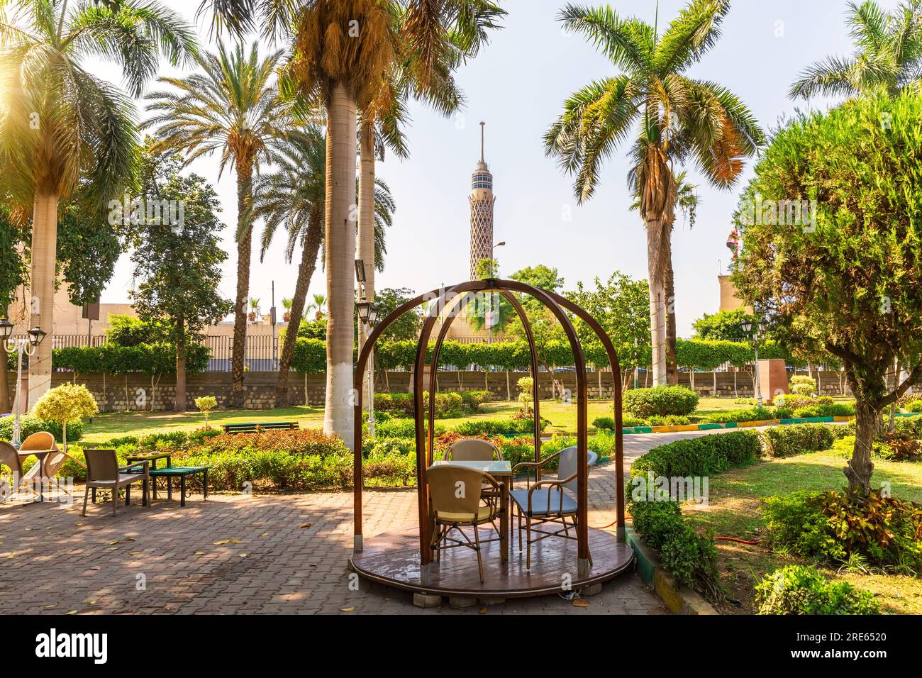 View on the Cairo Tower and city downtown from the exotic park, Egypt ...