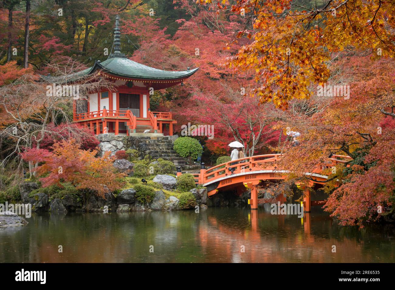 Fall color and umbrella-carrying visitors in a garden at Daigoji, a ...