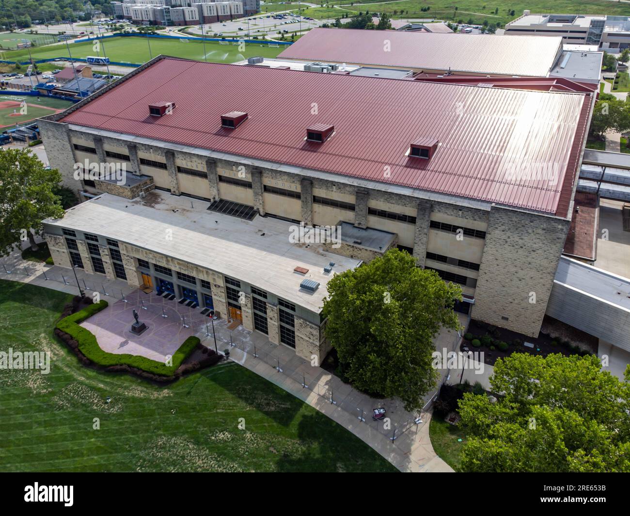 Lawrence, Kansas, USA - 7.2023 - Drone view of Allen Fieldhouse where ...