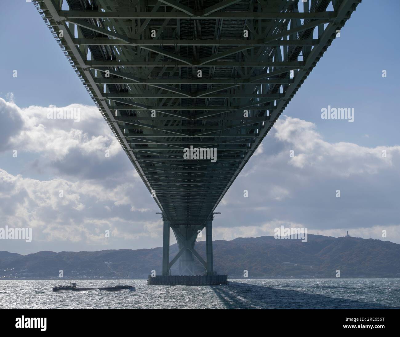 The underside of the Akashi Kaikyo Bridge from Honshu to Awaji Island ...
