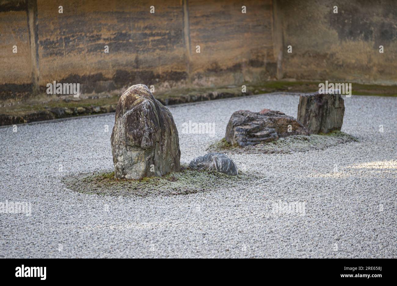 The dry landscape garden Ryoanji, a Zen Buddhist temple in Kyoto, Japan ...