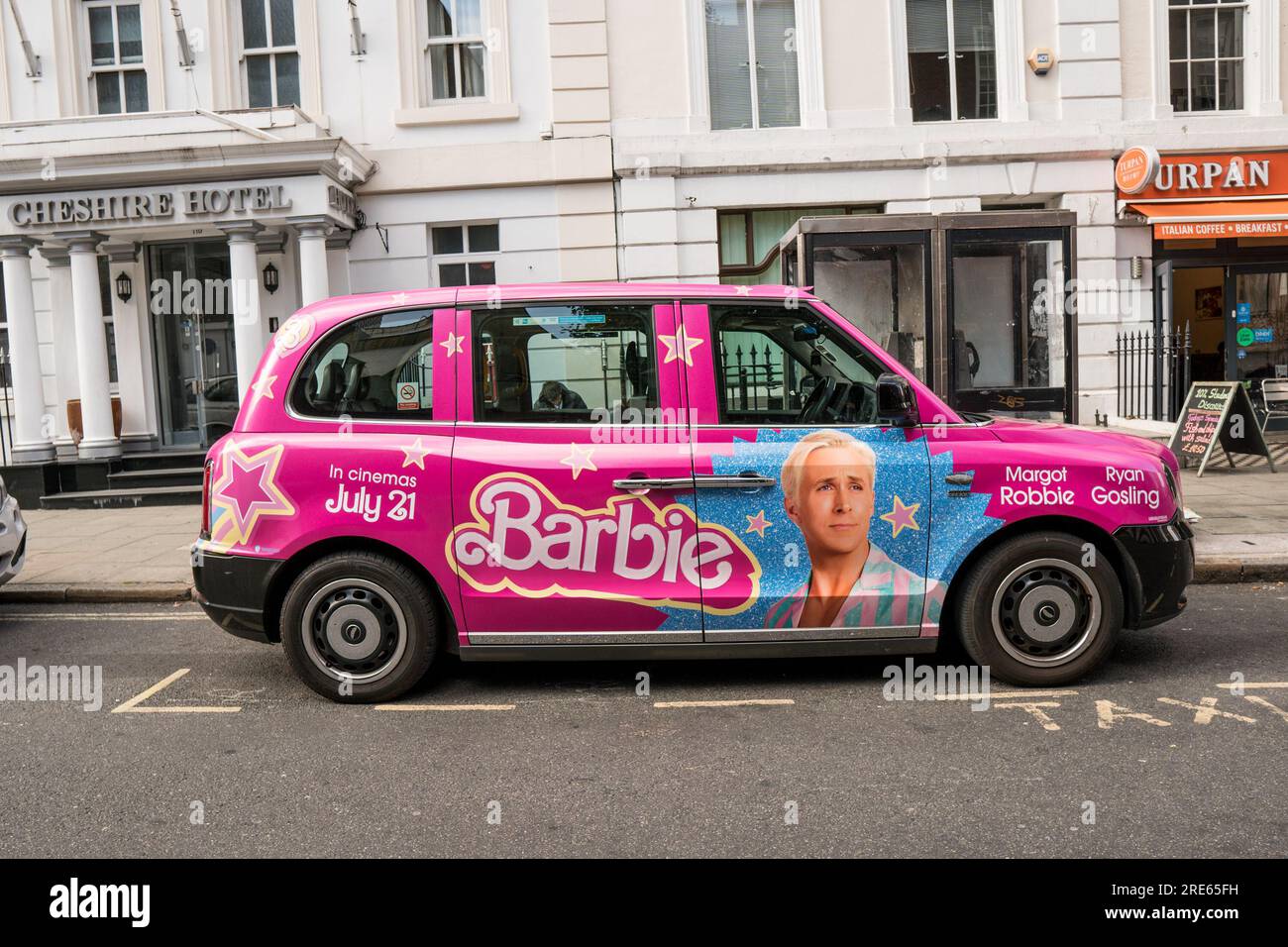 Barbie cab taxi parked outside the Cheshire Hotel on Great Russell ...