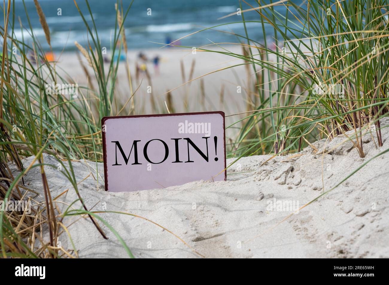 Sign with the German dialect word 'Moin' (Hello) in the sand dunes of ...