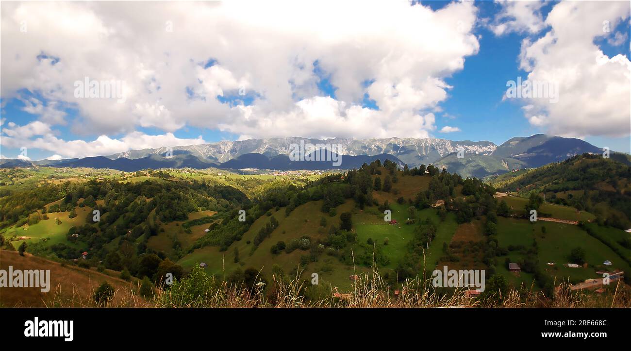 Panoramic picture of a Transylvanian landscape, where in the close-up ...