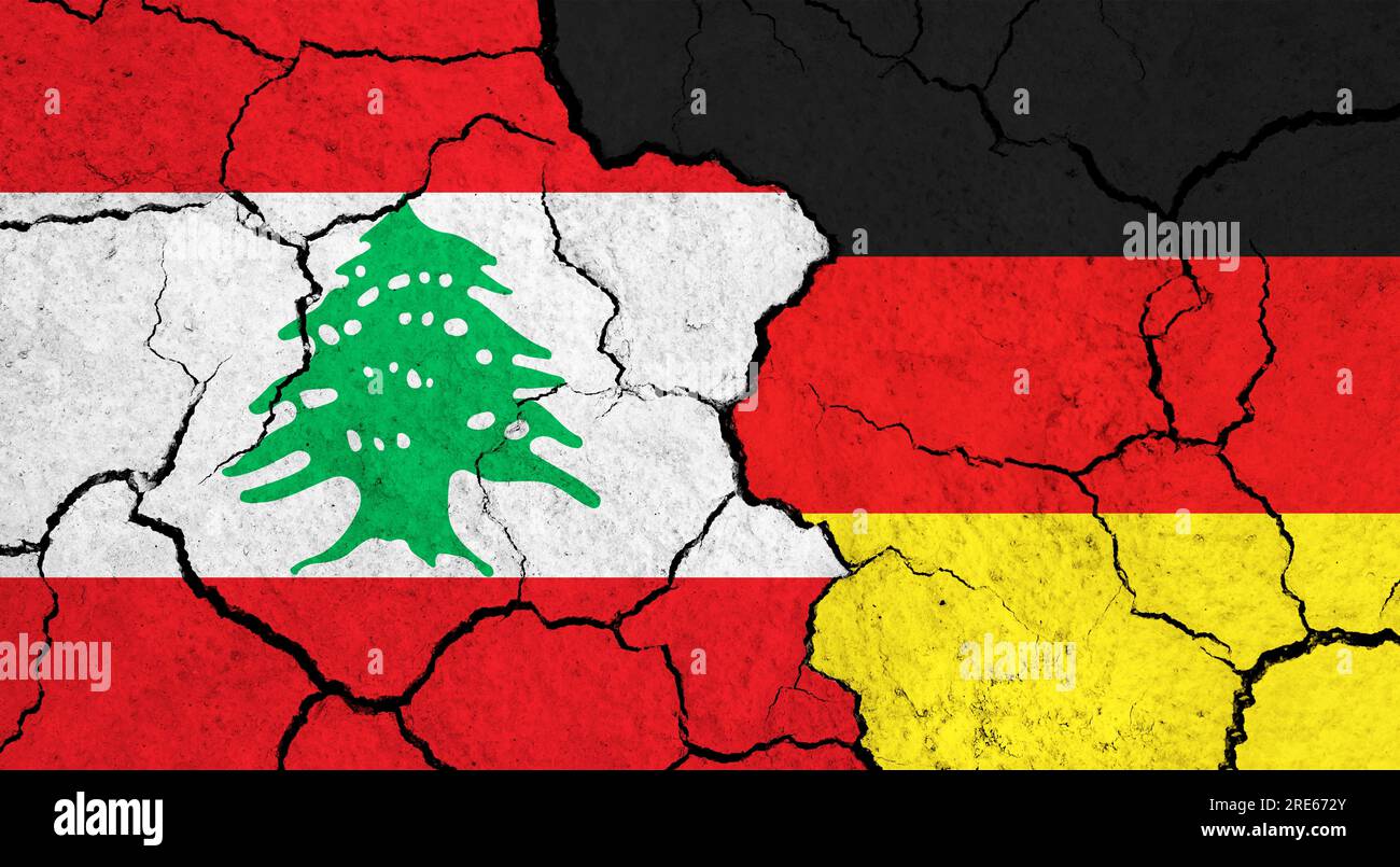 Flags of Lebanon and Germany on cracked surface - politics ...