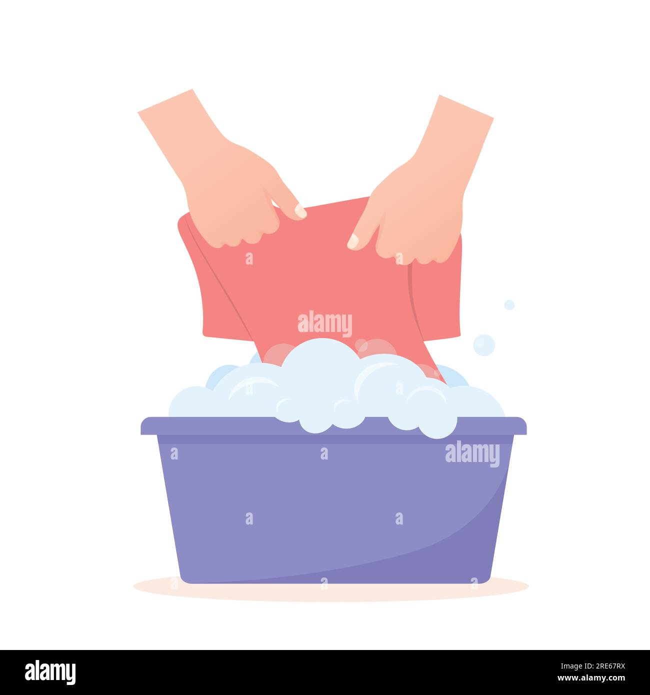 handwashing clothes in a basin with water and soap foam -vector ...