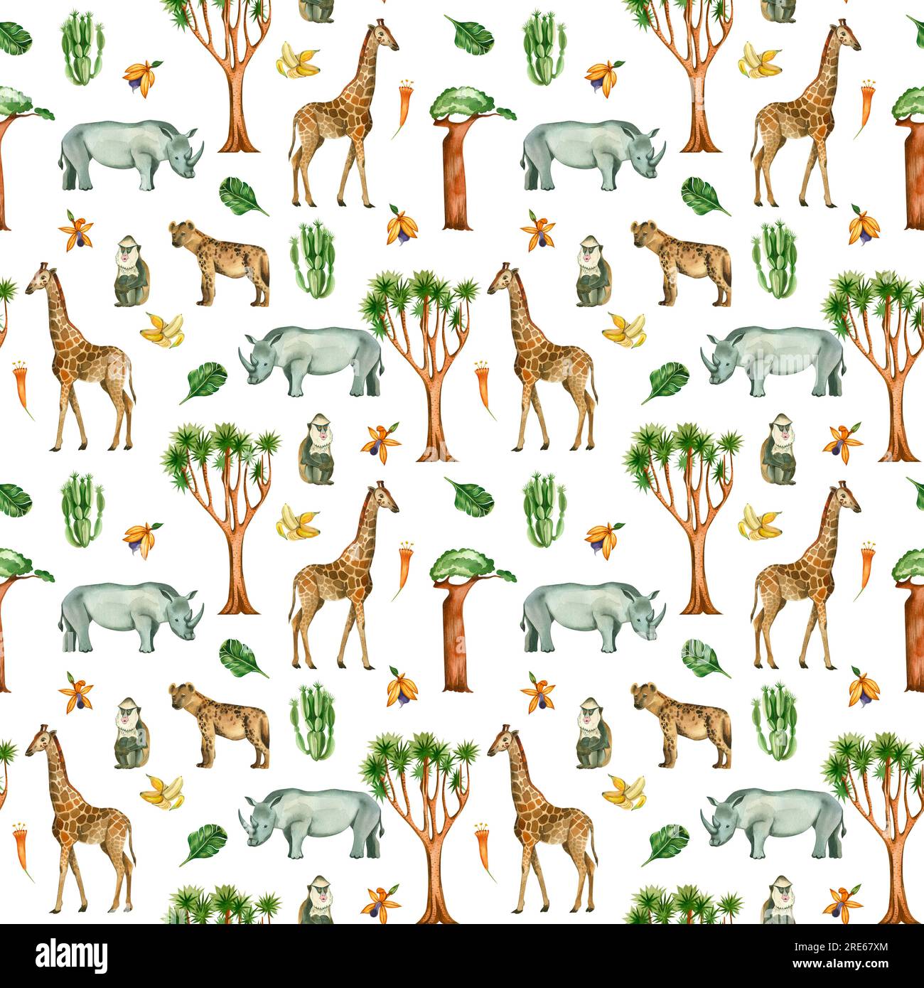 Seamless pattern on a white background. Giraffe, rhinoceros, spotted ...