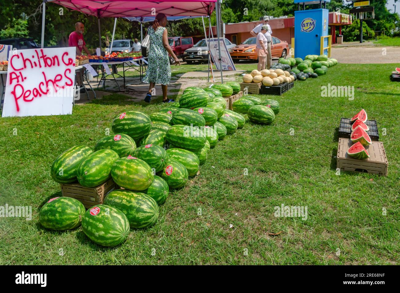 Customers inspect the watermelons at Randy Price’s fruit stand, June 27 ...