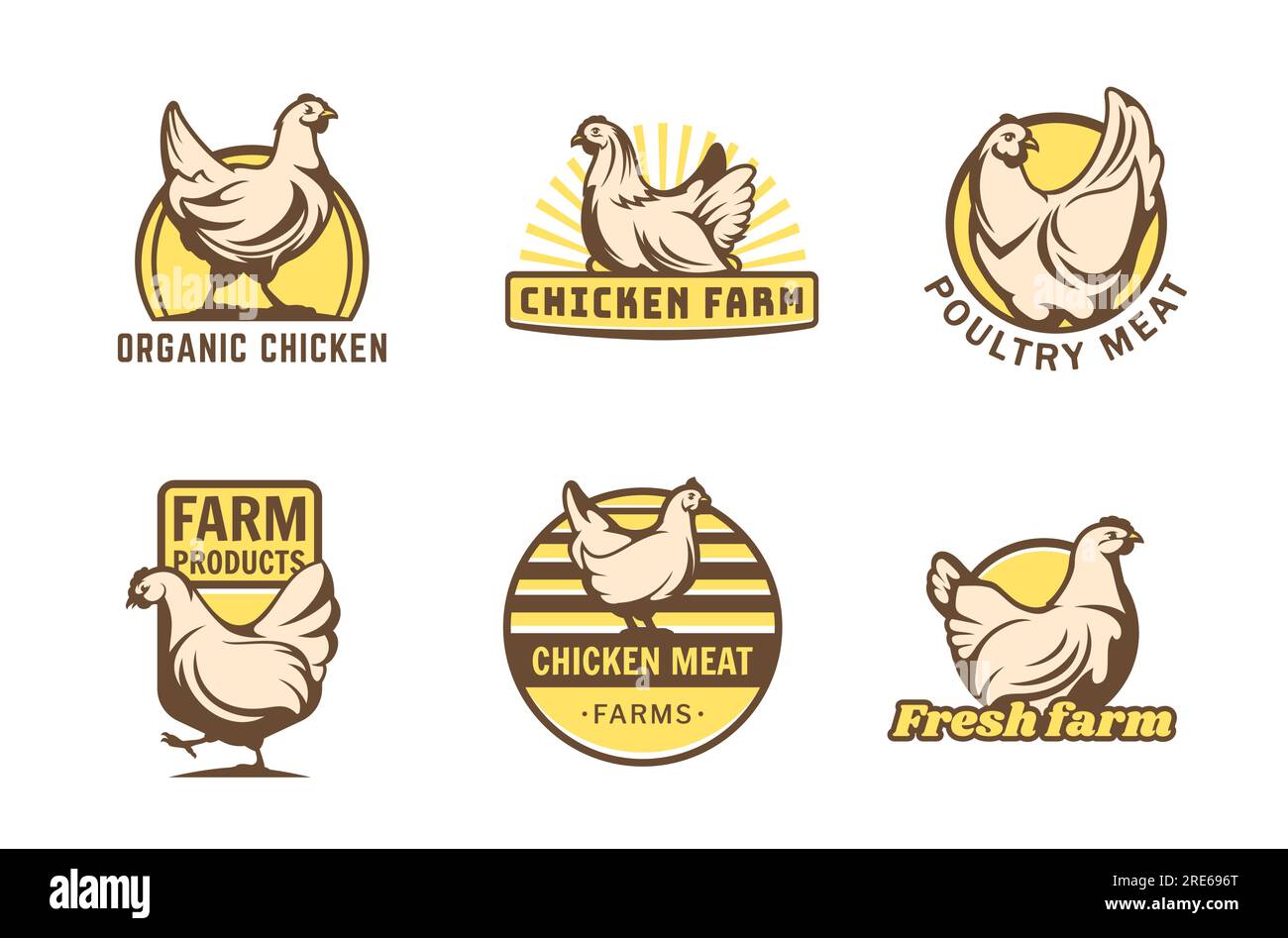 Chicken farm icons of hen for poultry meat market and farmhouse, vector ...
