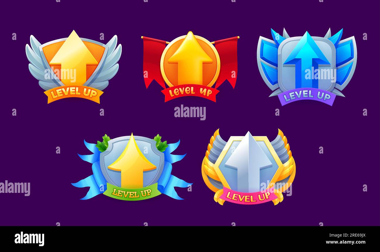 Game level up badges and win icons. Vector bonuses, rank reward emblems ...