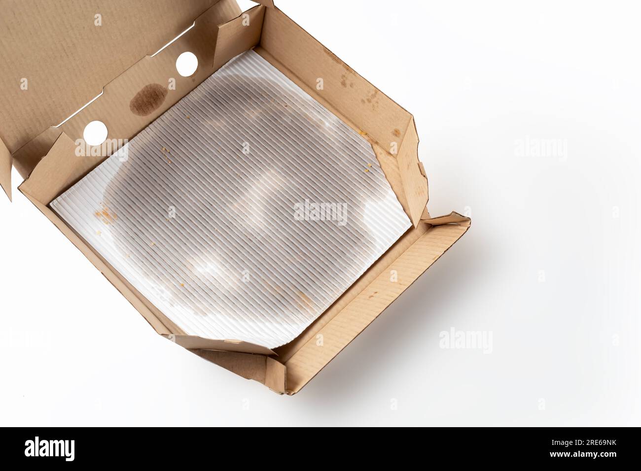 Empty pizza box with grease stains isolated on white. Top view Stock ...