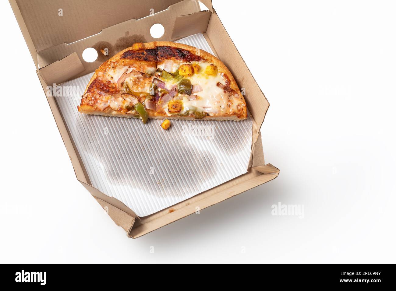 Half paneer pizza in cardboard box on white background. Pizza delivery ...