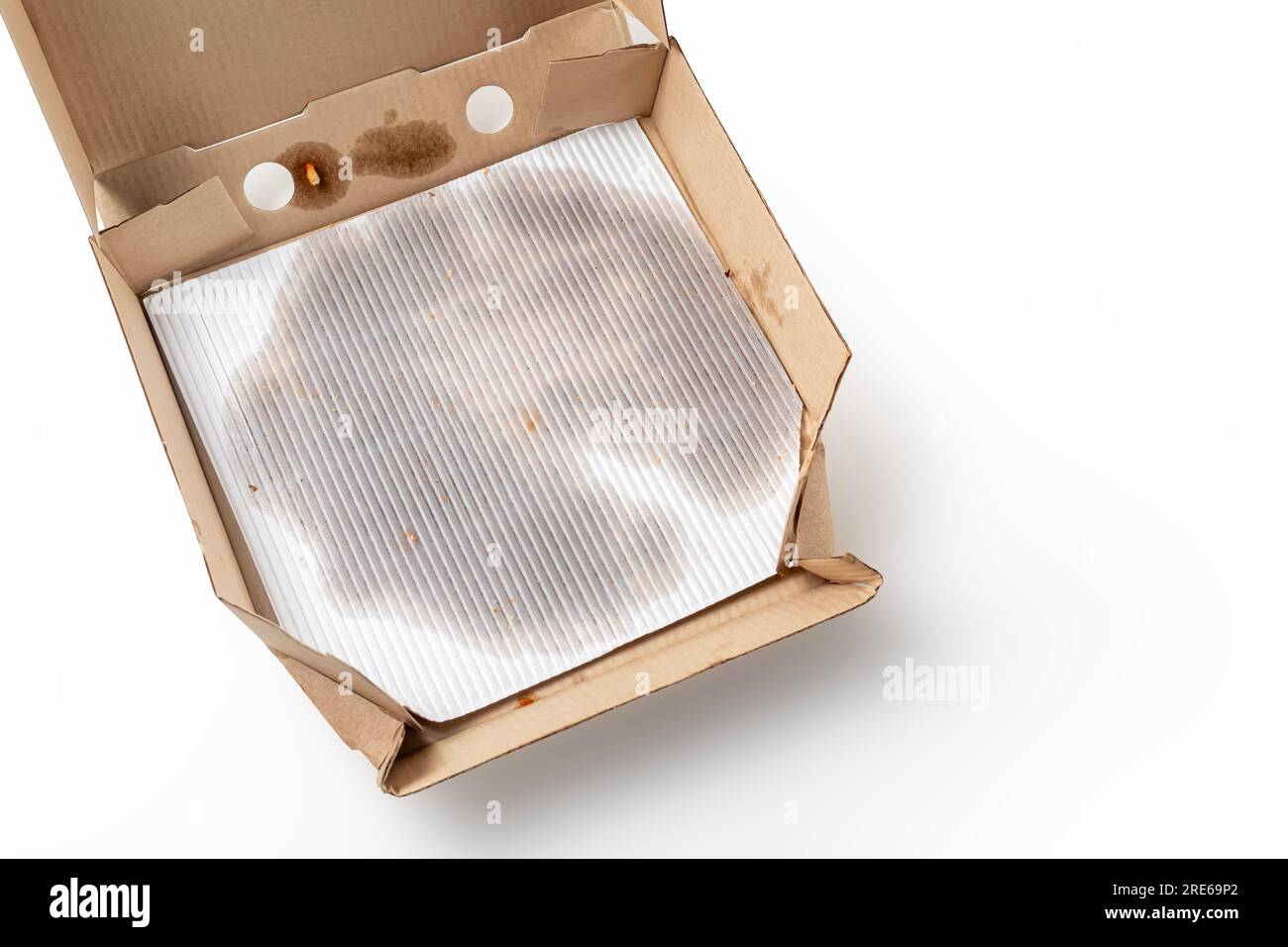 Empty pizza box with grease stains isolated on white. Top view Stock ...