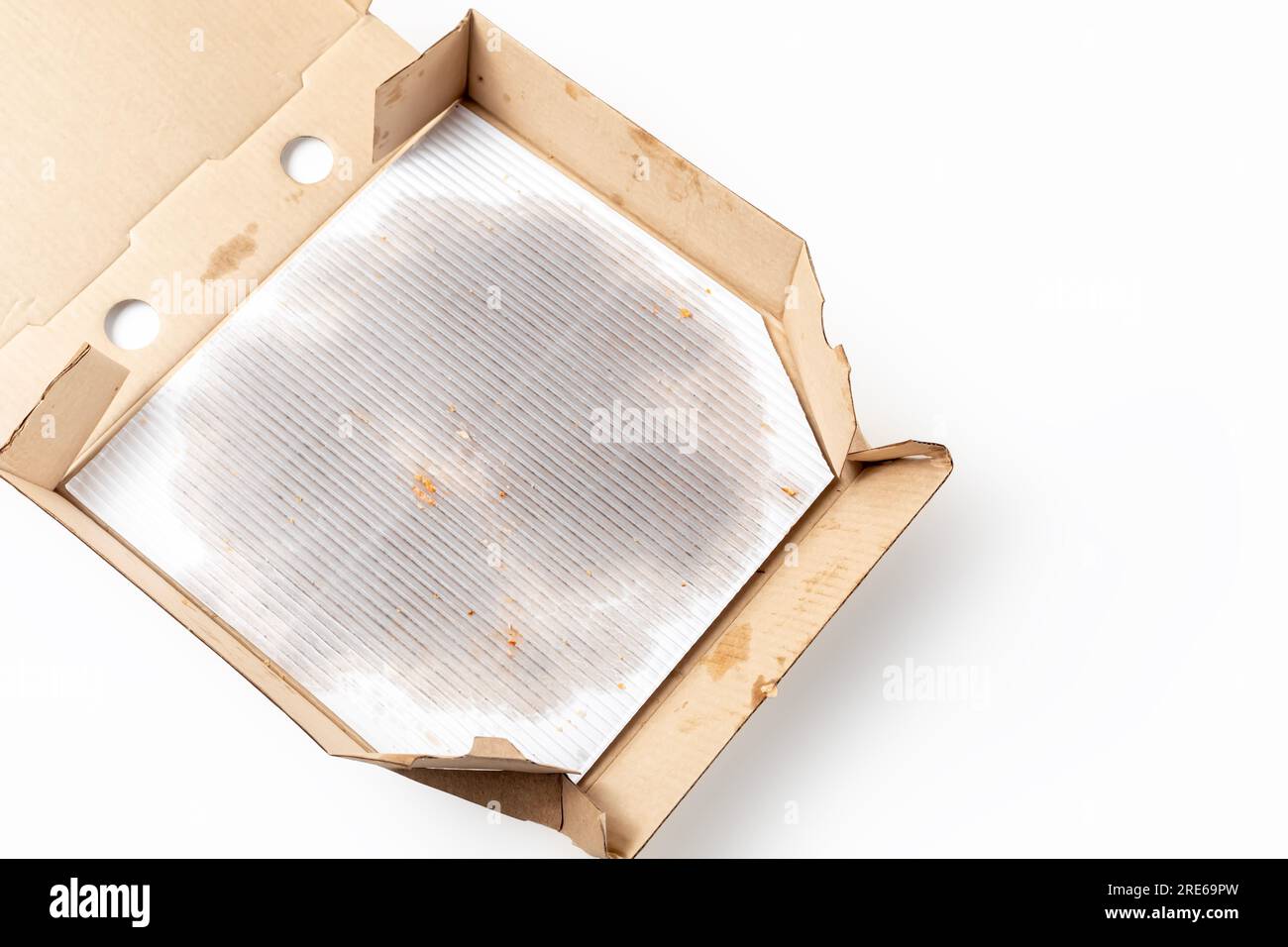 Empty pizza box with grease stains isolated on white. Top view Stock ...