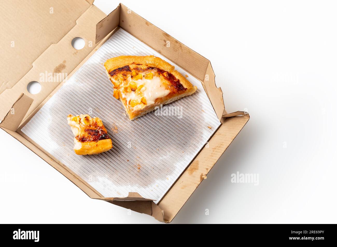 Leftover pizza in open cardboard box isolated on white background Stock ...