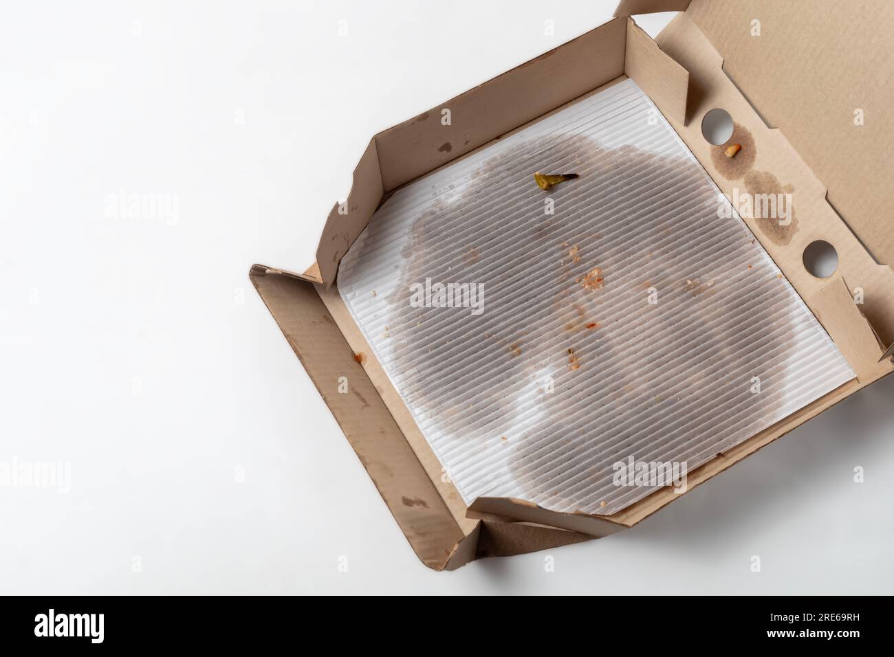 Empty pizza box with grease stains isolated on white. Top view Stock ...