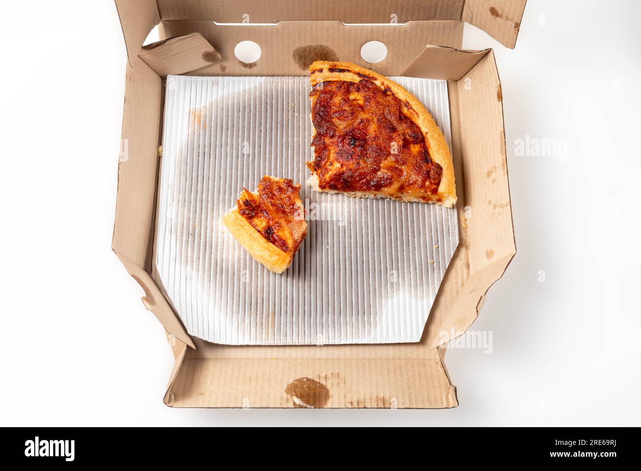 Leftover pizza in an open cardboard pizza box Stock Photo - Alamy
