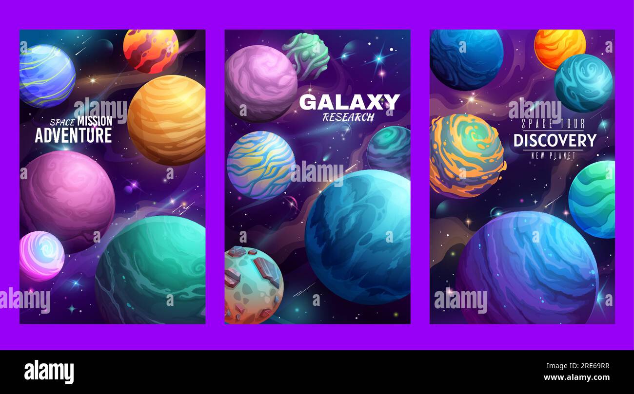 Cartoon galaxy space planets poster. Vector futuristic backgrounds ...