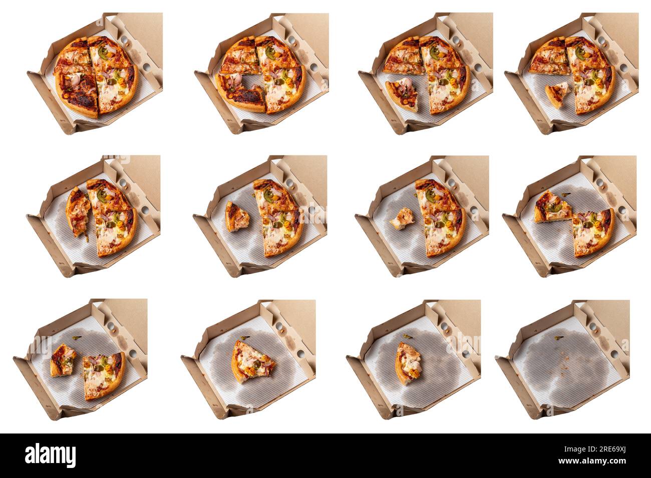 Set of pizza in cardboard box isolated on white background Stock Photo ...