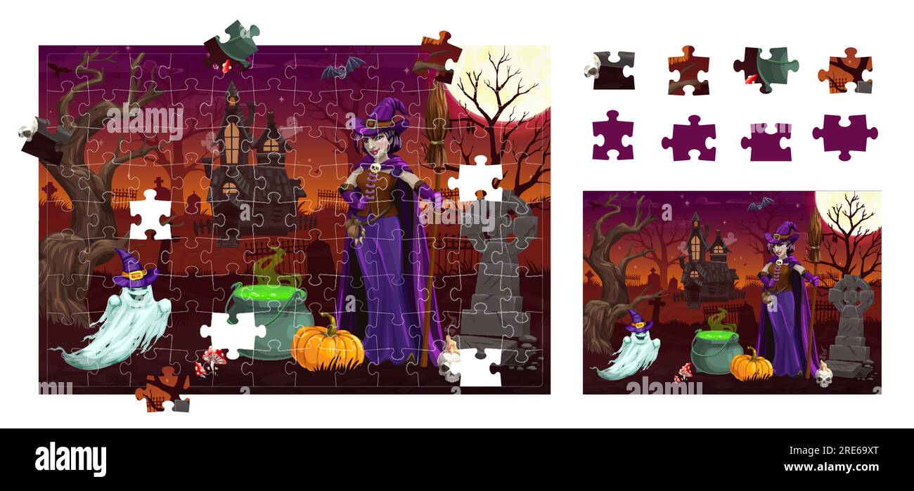 Jigsaw puzzle game pieces. Halloween witch on cemetery landscape ...