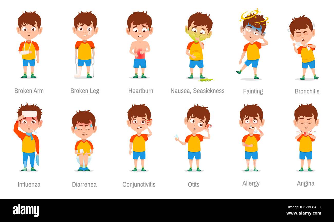 Sick kid symptoms icons of flu fever or cold, child pain, disease and ...