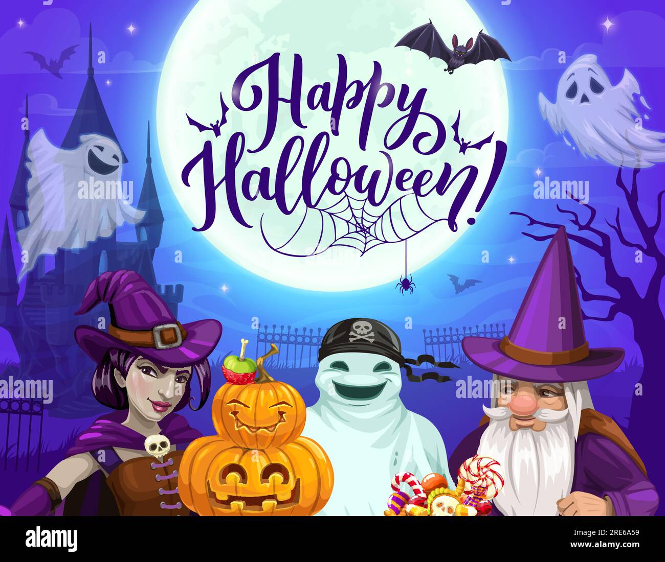 Halloween landscape with cartoon characters. Vector poster with ghost ...
