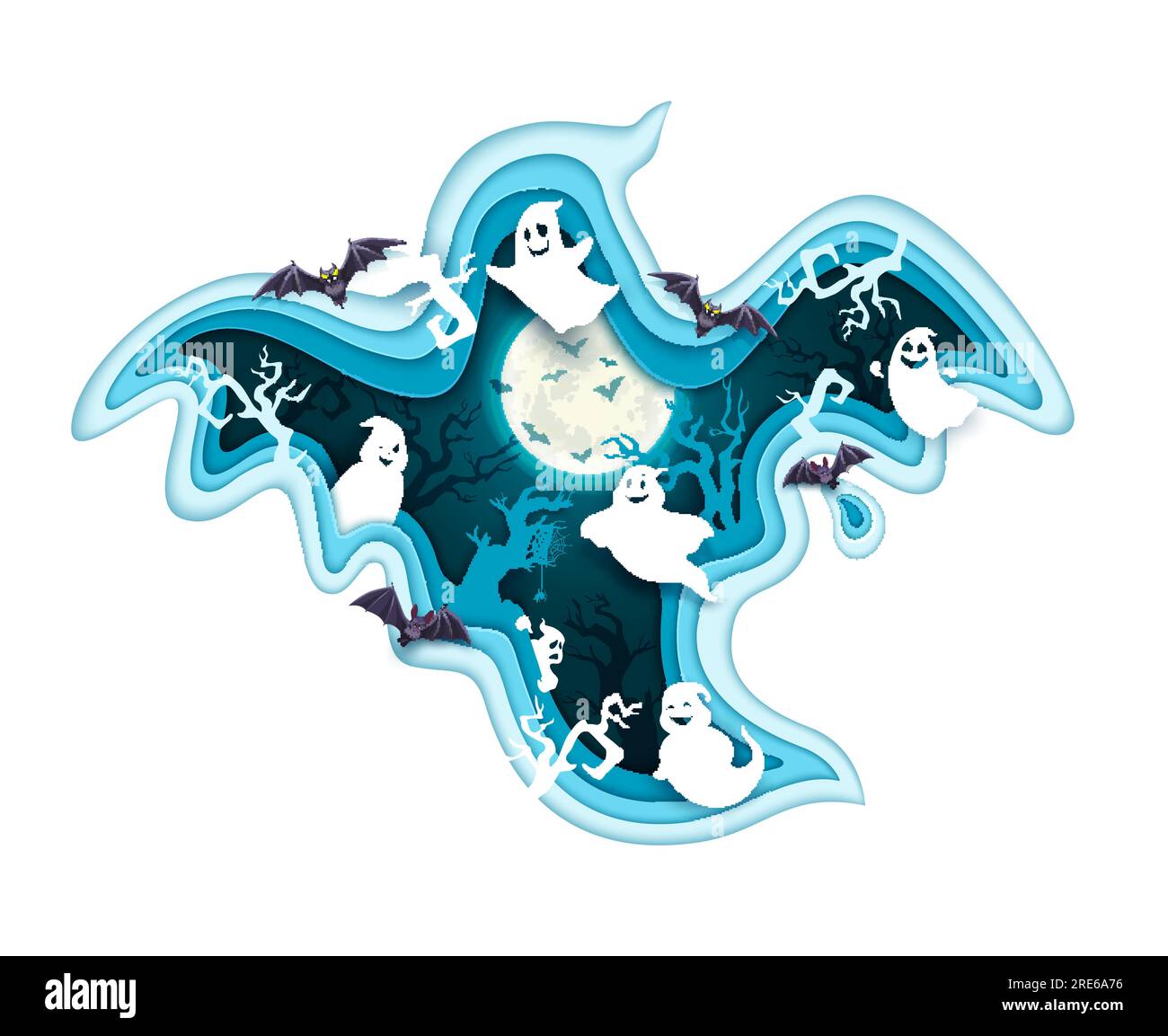 Halloween paper cut ghost with double exposition. Vector 3d effect ...