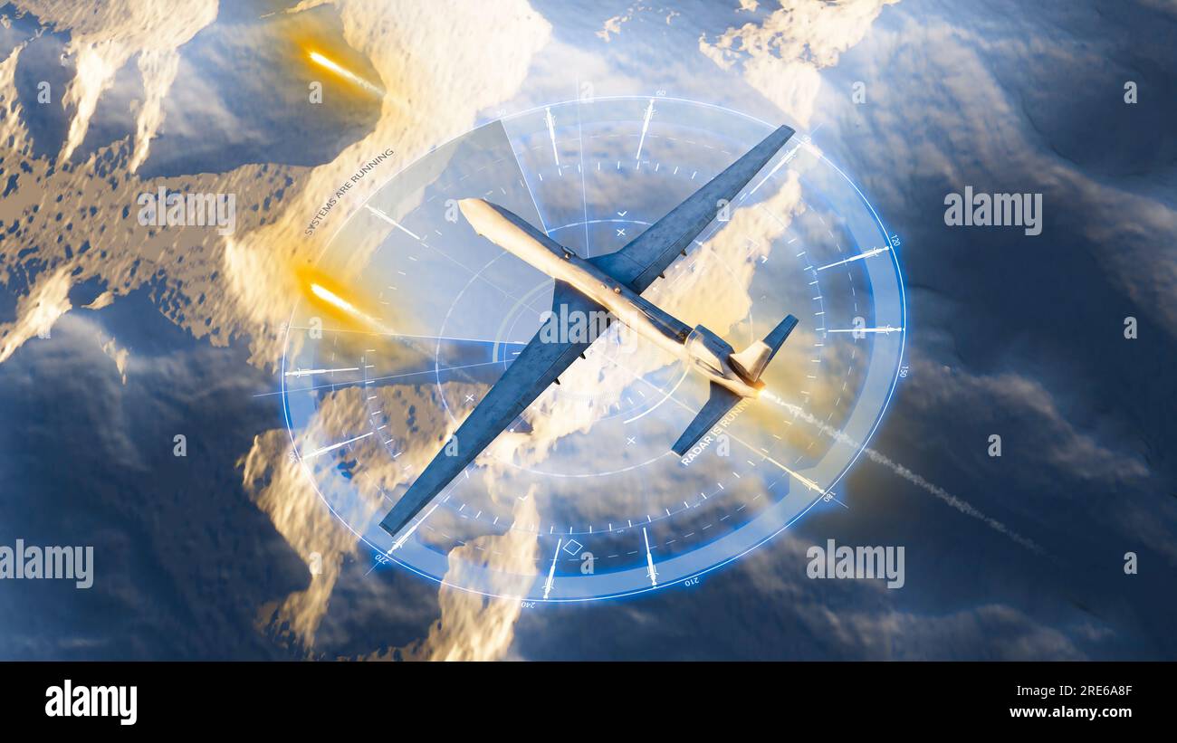 Satellite view of land, war operations, sci-fi. Military target. Drone ...