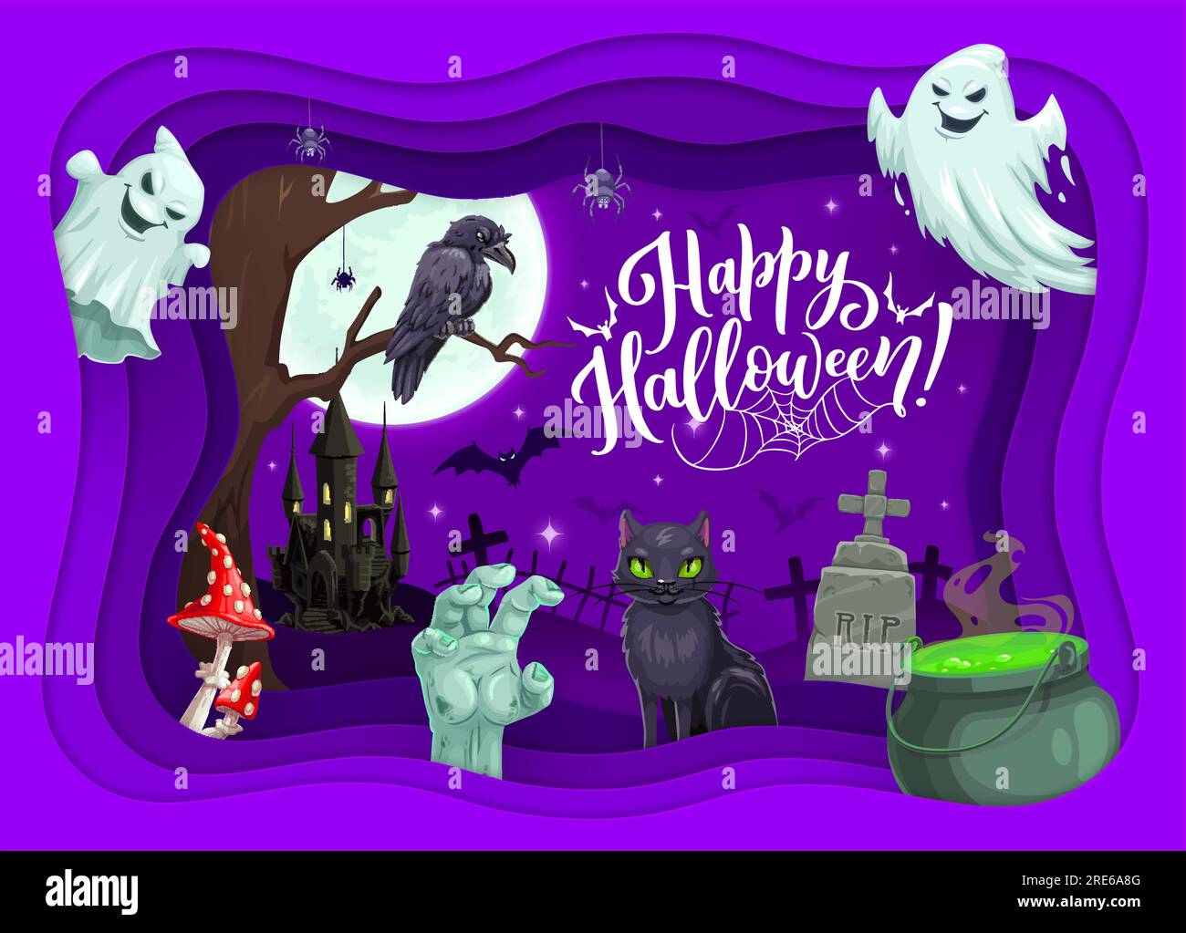 Halloween paper cut with cemetery, castle, holiday landscape and ...