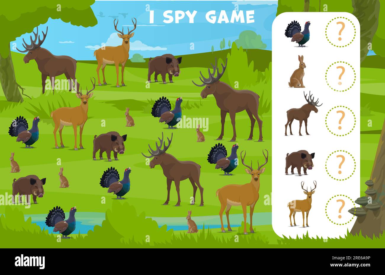 I spy game with forest hunting animals on puzzle worksheet, vector kids ...