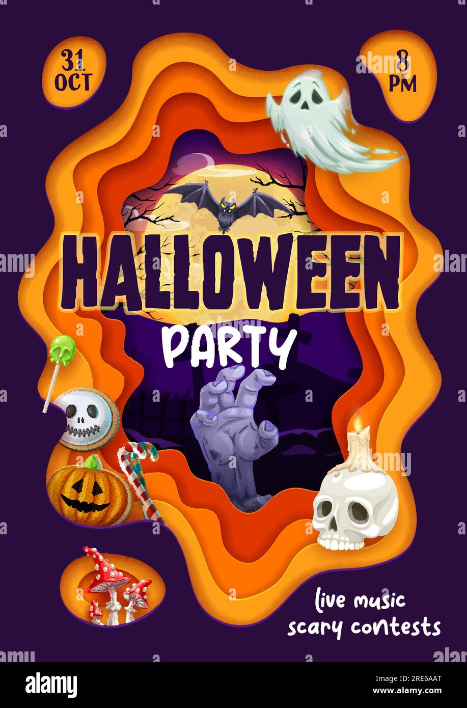 Halloween paper cut flyer. Double exposition vector holiday invitation ...