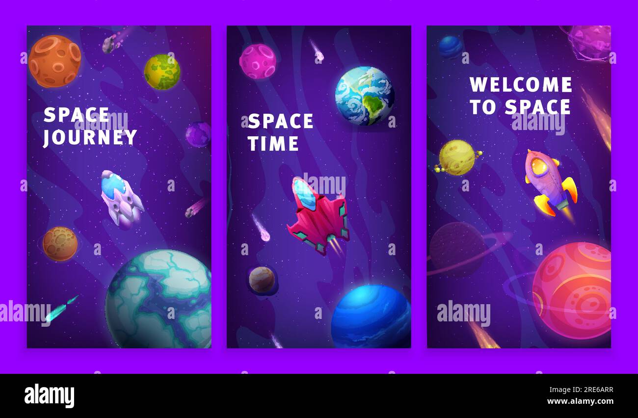 Cartoon space posters, journey to galaxy with planets, stars and ...