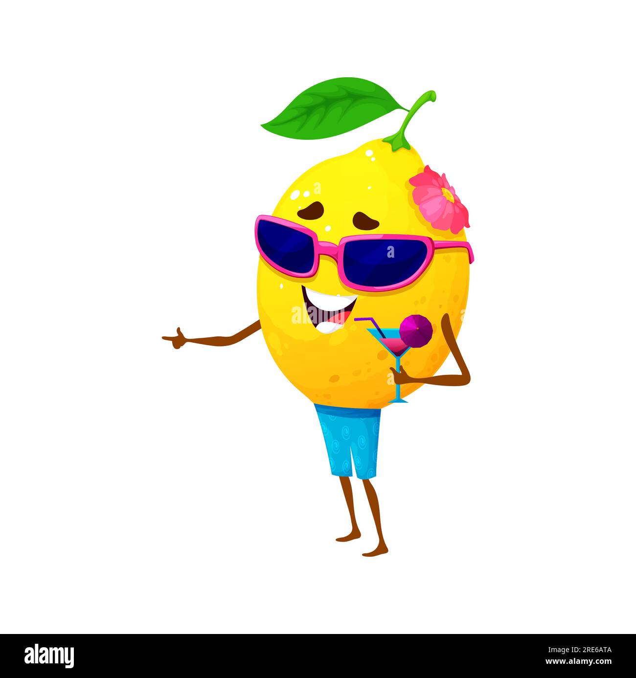 Cartoon lemon character sipping colorful cocktail on beach. Isolated ...