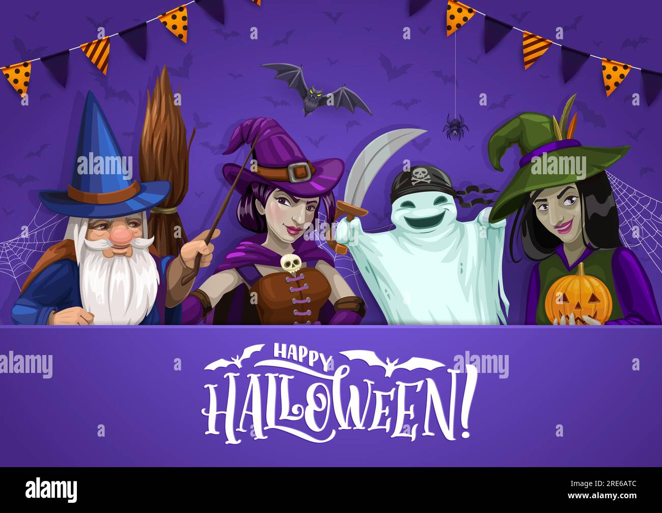 Halloween banner with holiday characters. Autumn holiday celebration ...