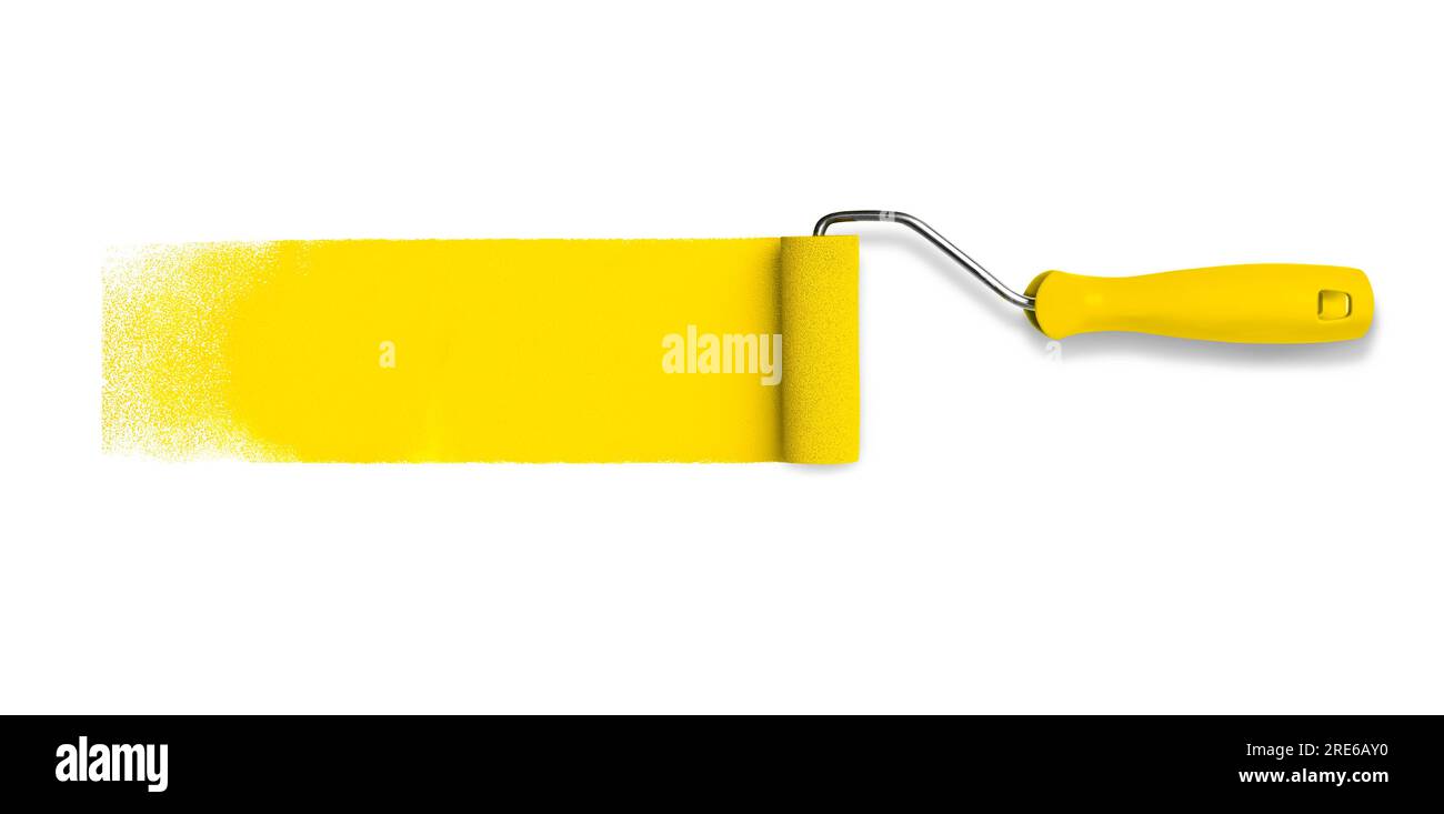 Roller paint tool with long yellow paint track stroke isolated on white ...