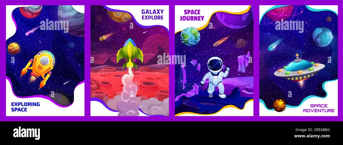 Cartoon space posters with spaceships, UFO, astronaut and rocket on ...