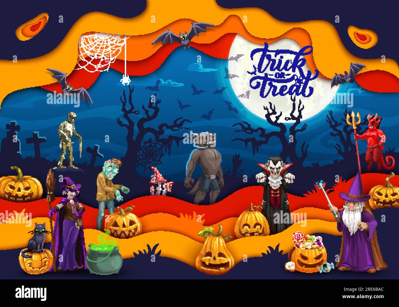 Halloween paper cut landscape with characters. Vector holiday mummy ...