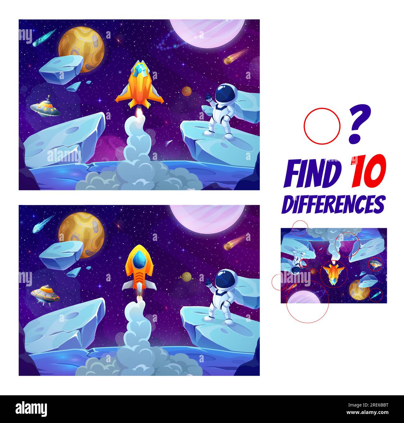 Find ten differences on space landscape with astronauts and galaxy ...