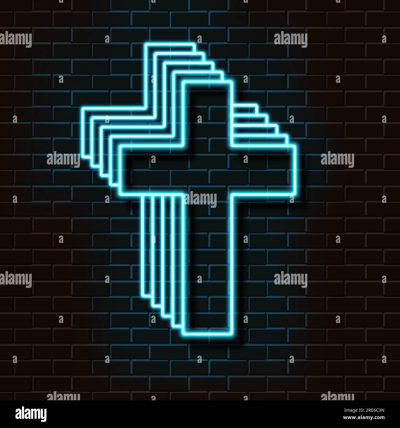 Neon blue christian cross on a brick wall. Decorative realistic retro ...