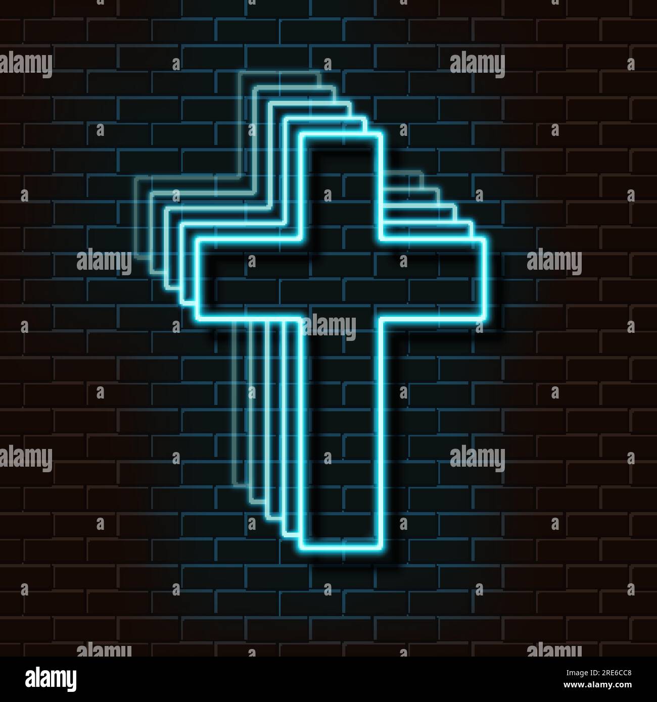 Neon blue christian cross on a brick wall. Decorative realistic retro ...
