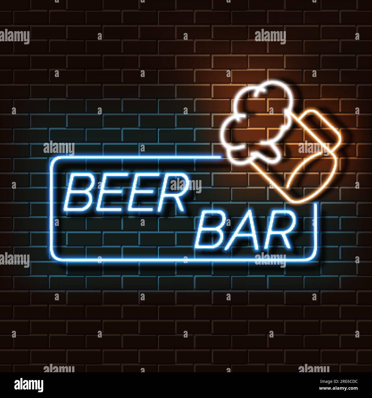 Beer bar neon light banner on a brick wall. Blue and orange sign ...