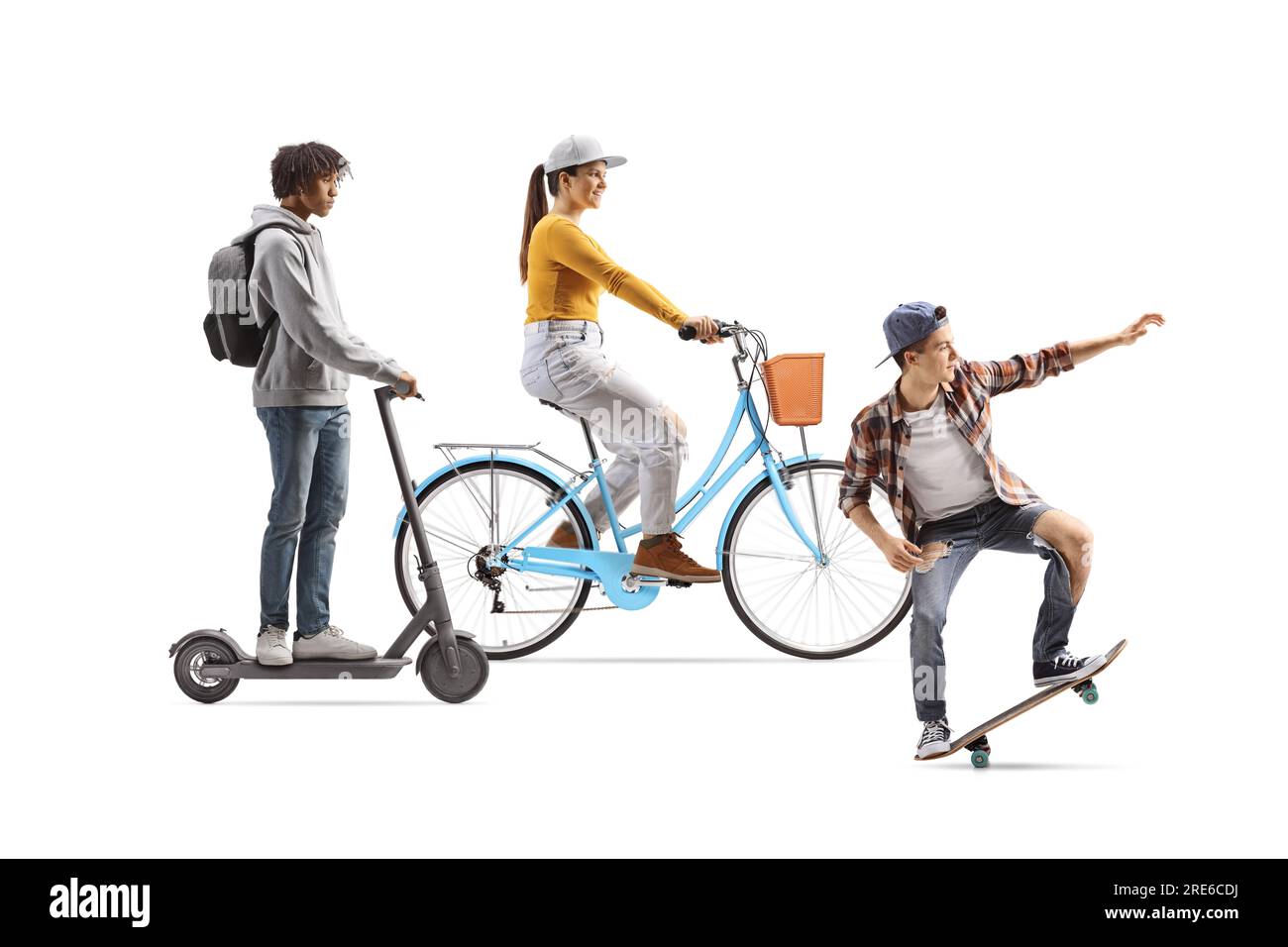 Gen z people riding an electric scooter, a bicycle and a skateboard ...