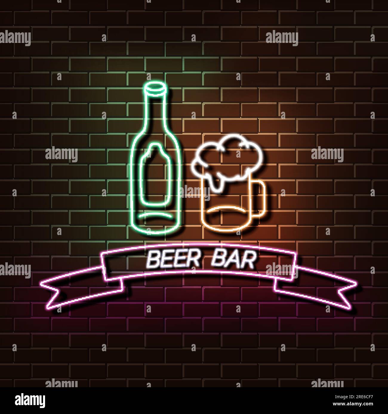 Beer bar neon light banner on a brick wall. Green and pink sign ...