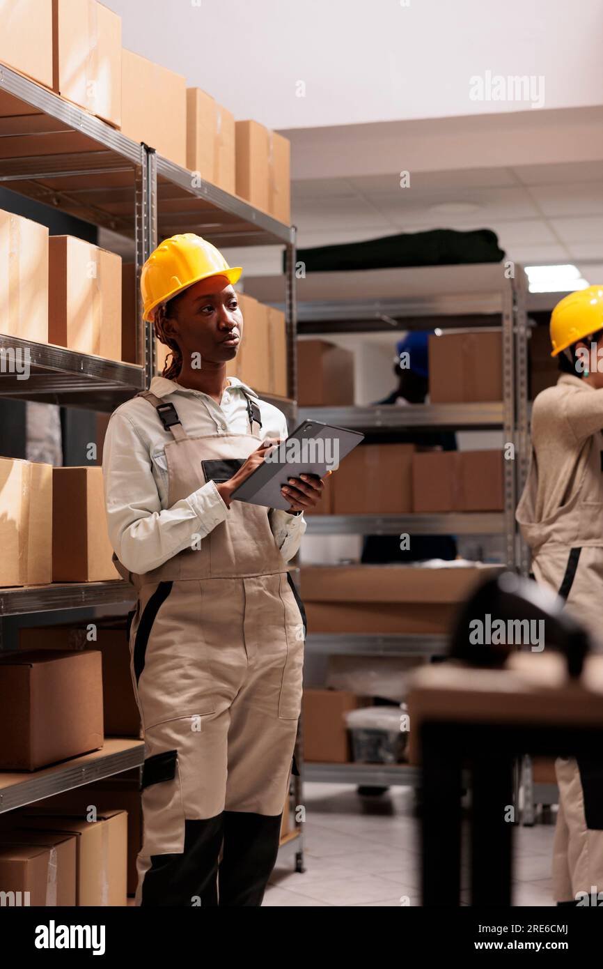 African american warehouse manager making freight overview in stockroom ...