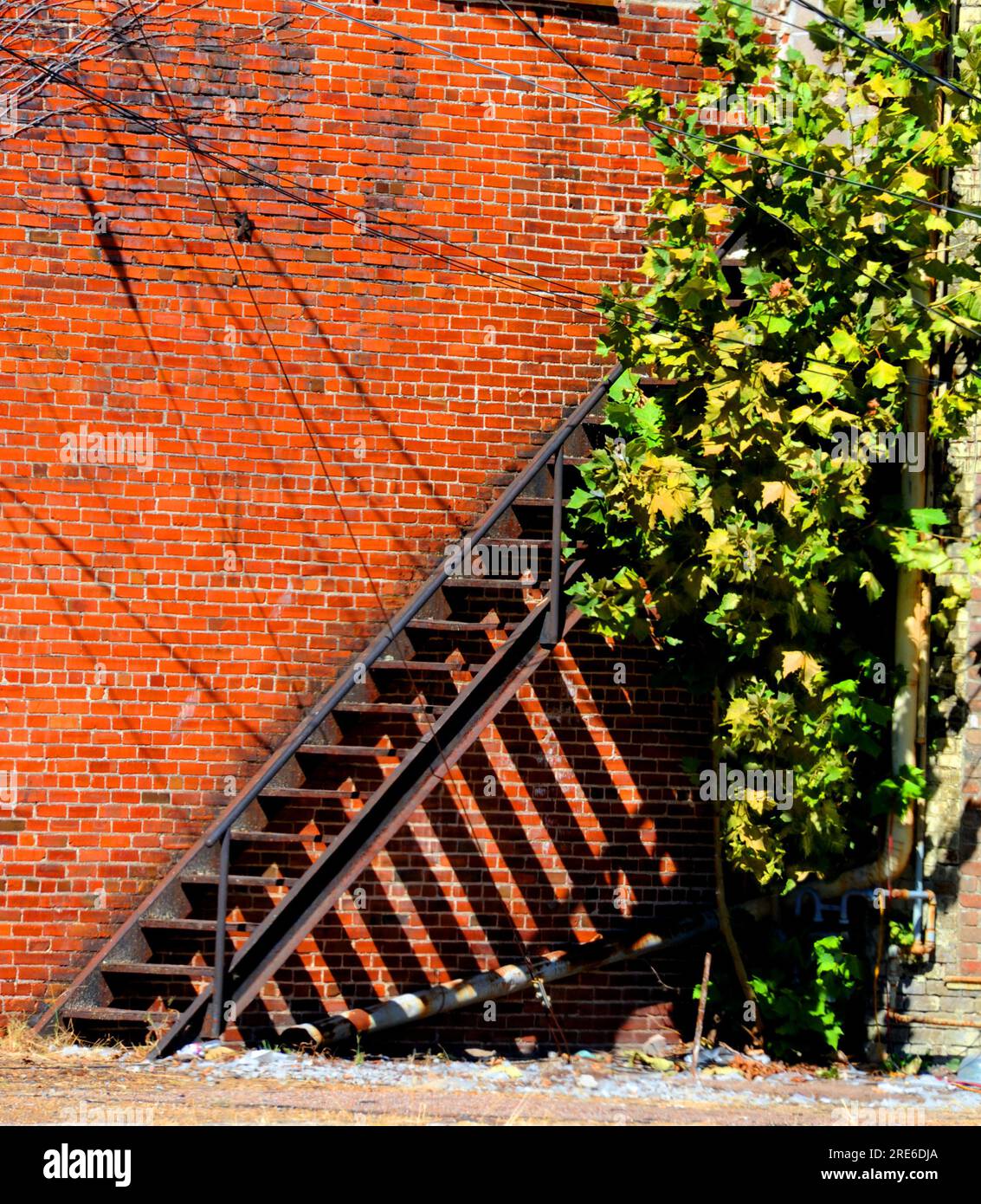 Alleyway has metal fire escape hanging diagonally against a brick wall ...